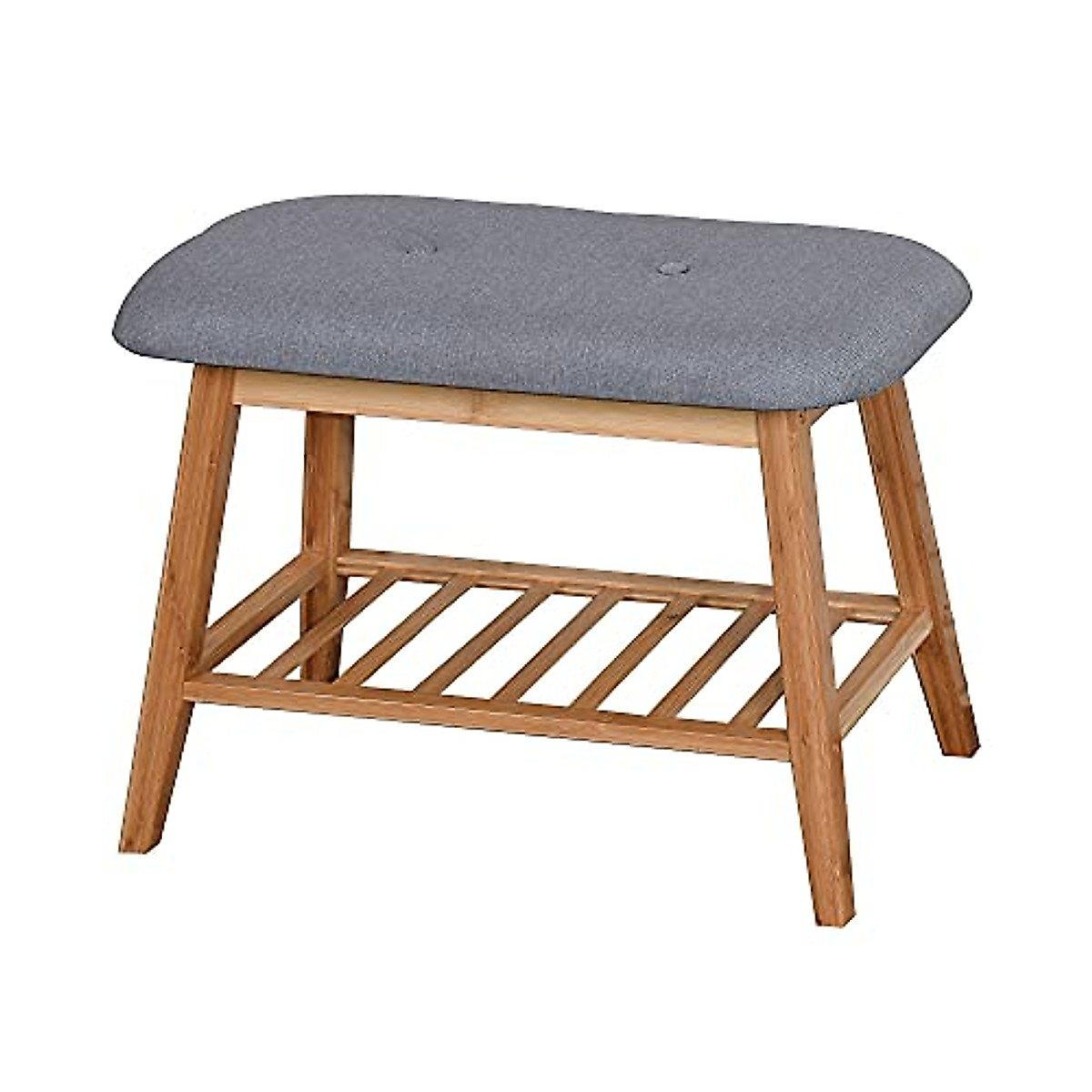 Knocbel 23.6in Bamboo Entryway Cushioned Shoe Bench with Slatted Shelf, 2-Tier Portable Shoes Storage Rack Organizer (Natural)