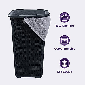 Plastic Laundry Hamper with Lid, Knit Designed Laundry Hamper Basket, 50 Liter White Smoke Cloths Hamper Organizer with Cut-out Handles. Space Saving for Laundry Room Bedroom Bathroom.