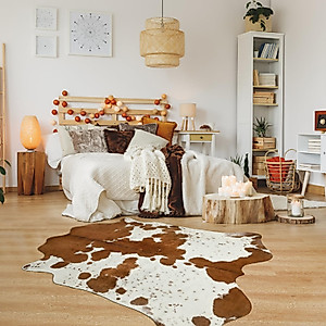 Zedrew Faux Cowhide Rugs, 5.2x6.2 Feet Large Cow Print Area Rug for Living Room Bedroom, Western Decor Carpet Animal Printed Mat for Dining Office Home Decor, Khaki
