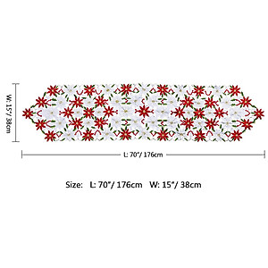OurWarm Christmas Embroidered Table Runners Poinsettia Holly Leaf Table Linens for Christmas Decorations 15 x 70 Inch