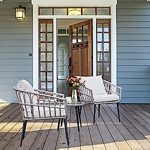 Homsido 3-Piece Outdoor Rattan Patio Furniture Set, Bohemian Simple Wicker Patio Chair Conversation Indoor Sets with Coffee Table and Waterproof Cushion