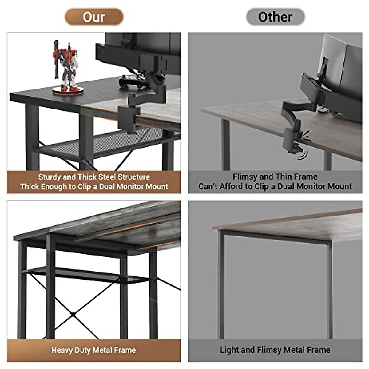 armocity Computer Desk with LED Lights, 48 Inch Desk with Power Outlet and USB, Reversible Large Desk with Moveable Monitor Stand, 48'' Gaming PC Table for Home Office, Workstation, Grey and Black