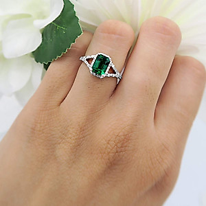 Dazzlingrock Collection 7x5mm Emerald Shape Lab Created Emerald & White Diamond Split Shank Engagement Ring for Women in 925 Sterling Silver Size 5