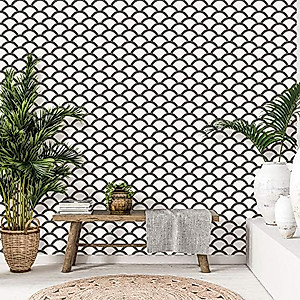 Tempaper Black & Cream Mosaic Scallop Removable Peel and Stick Wallpaper, 20.5 in X 16.5 ft, Made in the USA