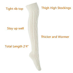 SherryDC Women's Cable Knit Boot Stockings Extra Long Thigh High Leg Warmers Winter Floor Socks White