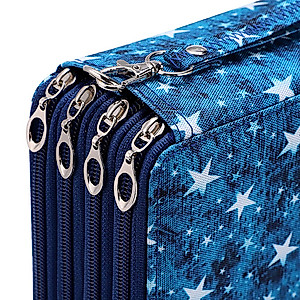 BTSKY Colored Pencil Case- 200 Slots Pencil Holder Pen Bag Large Capacity Pencil Organizer with Handle Strap Handy Colored Pencil Box with Printing Pattern Blue Star