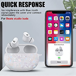 Glitter Marble Shell Design for Beats Studio Buds (2021) with Pearl Wrist Chain Keychain for Women Girls,Colorful Sparkle Bling Cute Beats Studio Buds Protective Skin Cover Soft TPU Shock Proof-White