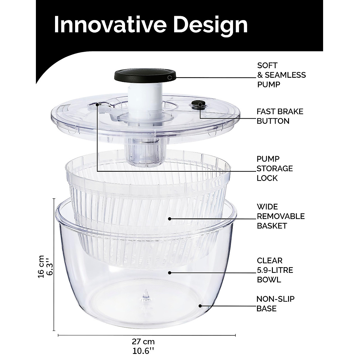 lily&stone Large Pump Salad Spinner with Drain, Bowl, and Colander - Quick and Easy Multi-Use Lettuce Spinner, Vegetable Dryer, Fruit Washer, Pasta and Fries Spinner - 6.33 Qt