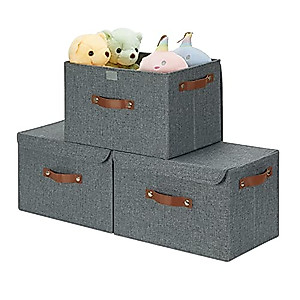 WLFRHD Storage Bins with Lids,Fabric Storage Baskets for Closet Organization,Collapsible Storage Boxes Decorative Fabric Bins with Lids Large Shelf Baskets Set of 3,15"x10"x10",Dark Grey