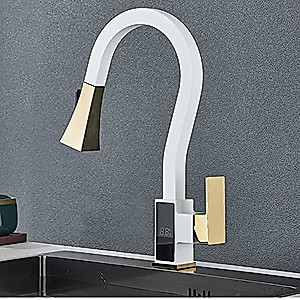 Yalsfowe Kitchen Faucets with Pull Down Sprayer, Temperature Display Kitchen Faucet, Single Handle Kitchen Faucet, Kitchen Mixer Tap, Kitchen Sink Faucet Brass ,White Gold