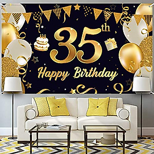 Happy 35th Birthday Party Decorations, Extra Large Black Gold 35th Birthday Party Banner Photo Backdrop Background for Men Women 35th Birthday Anniversary Party Decor Supplies 72.8 x 43.3 Inch