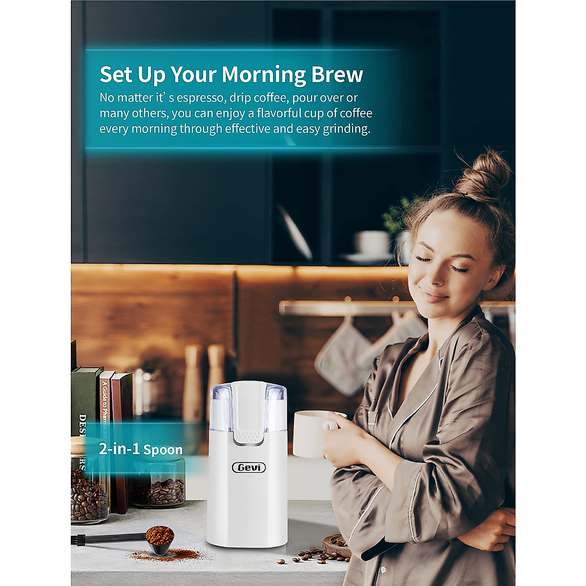 Gevi One-Touch Button Electric Coffee Grinder Coffee Bean Grinder for Coffee Espresso Latte Mochas, Noiseless Operation Coffee Serving Sets