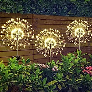 Upgrated 3 Pack Solar Garden Path Lights with Remote, 120 LED Solar Firework String Lights Outdoor, 8 Modes Landscape Stake Lights for Walkway Backyard Patio Christmas Wedding Party (Warm White)
