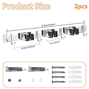 2 Pack Mop And Broom Holder Wall Mount, Upgraded Stainless Steel Broom Broom Holder Wall Mount, Heavy Duty Storage Rack Wall Mounted Adhesive for Home Kitchen Garden Laundry (Silver, 3 Racks 4 Hooks)