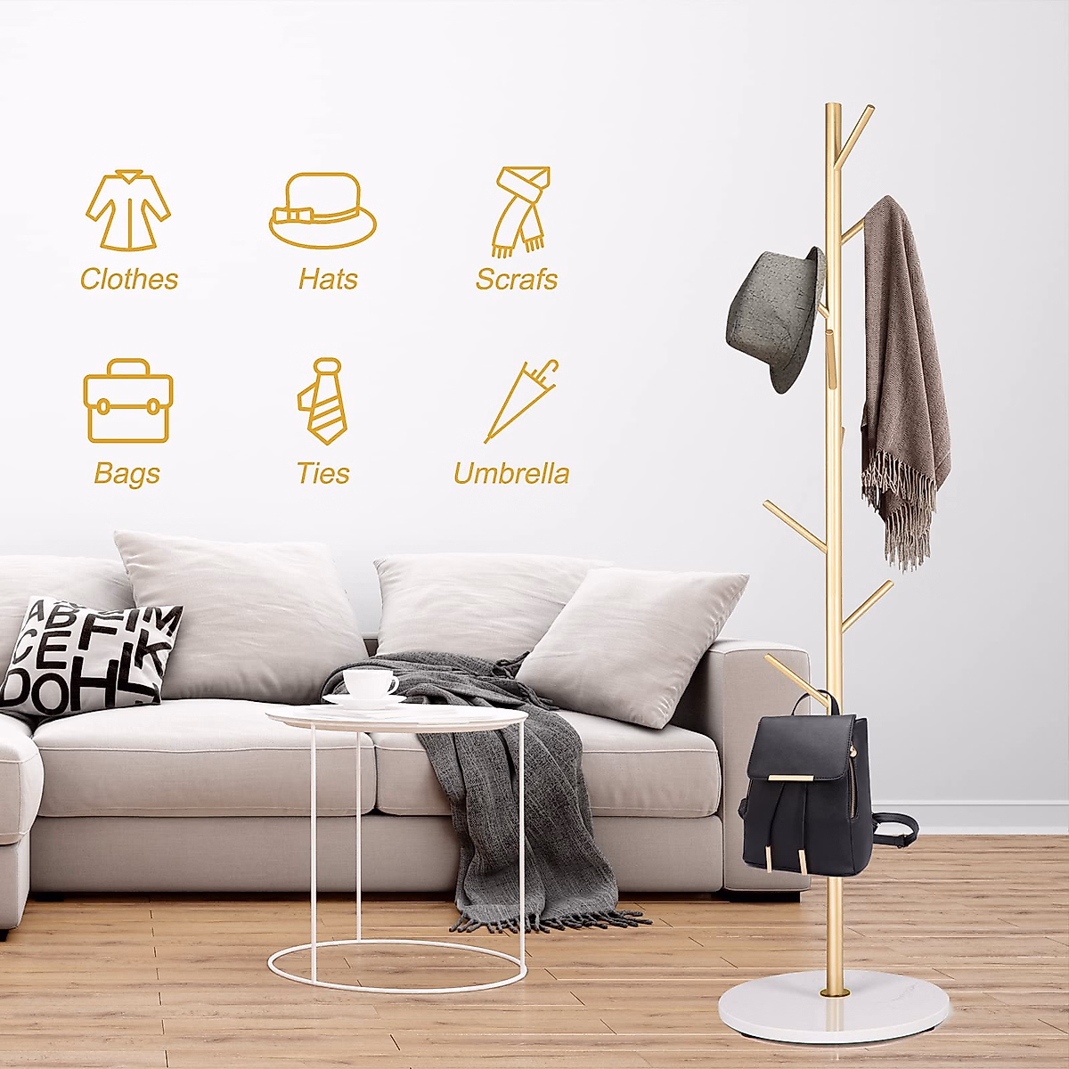 Snaikor Metal Coat Rack with Natural Marble Base, Modern Coat Rack Freestanding, Sturdy Coat Tree Stand, Golden Hall Tree for Jacket Hat Bag Entryway