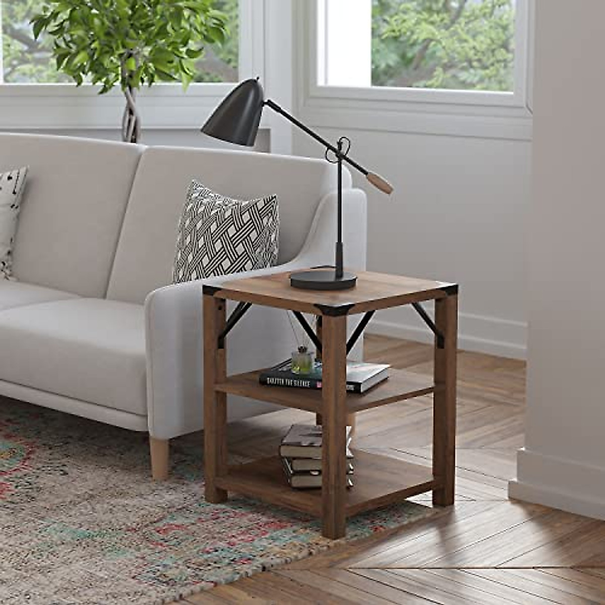 Flash Furniture Wyatt Modern Farmhouse 3 Tier Side Table - Rustic Oak Engineered Wood Frame - Black Metal Crisscross Side Braces and Corner Accents