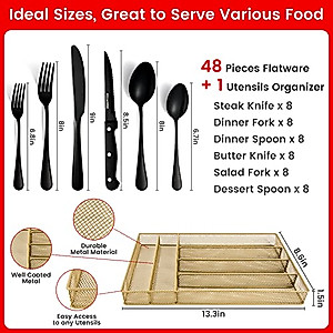 48 pcs BLack Silverware with Organizer, Stainless Steel Flatware with Steak Knife, Mirror Polished Cutlery Utensil Set, Durable Home Kitchen Eating Tableware Set, Include Fork Knife Spoon Set