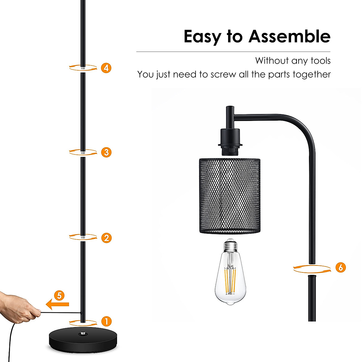 BoostArea Industrial Floor Lamp, Standing Lamp with Hanging Iron Mesh Lamp Shade, 6W LED Bulb, Whole Metal Farmhouse Floor Lamp with Foot Switch, Rustic Floor Lamps for Living Room Bedroom, Black