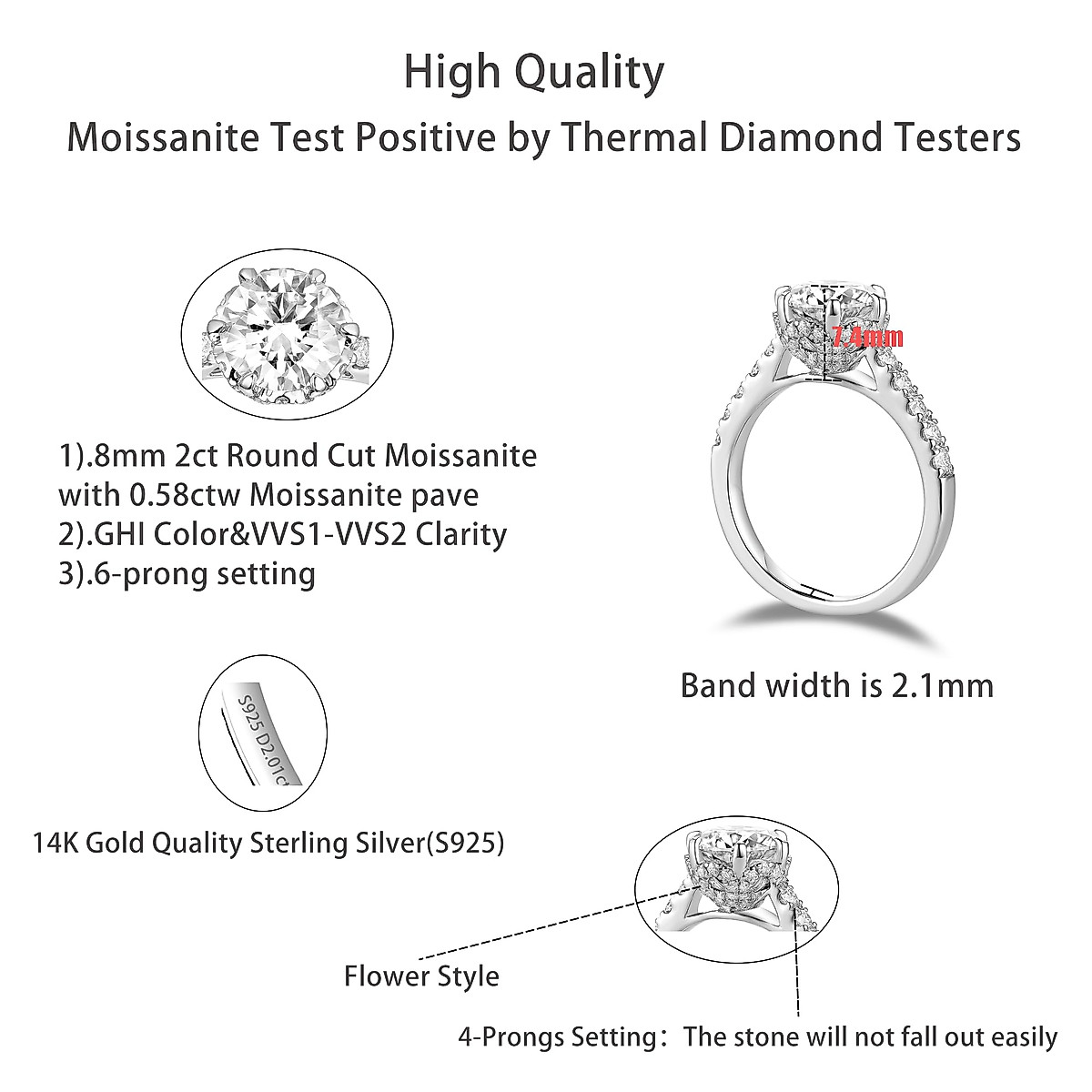 DovEggs Moissanite Engagement Rings for Women 2ct Center 8mm GHI Color Round Cut Moissanite Flower Style Solitaire 14K Gold QUALITY Sterling Silver Wedding Rings with Pave (7)
