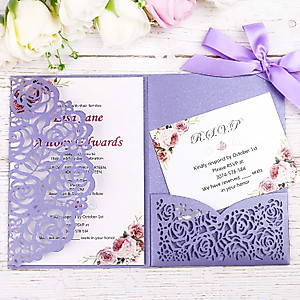 ponatia 20 PCS 3 Folds 5x7'' Wedding Invitations Cards with Envelopes Ribbons for Wedding Bridal Shower Engagement Birthday Graduation Invite (Lavender)