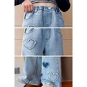 AOWKULAE Girls Heart Print Baggy Jeans Stretch Waist Wide-Leg Jeans, A2-Blue Heart, 13-14 Years = Tag 170