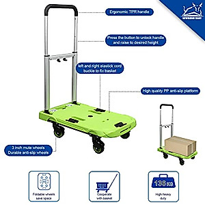 Platform Hand Push Cart Foldable Truck, Moving Cart Dolly, Foldable for Easy Storage and Low Noise 360 Degree Swivel Wheels with 198 lb Weight,Green