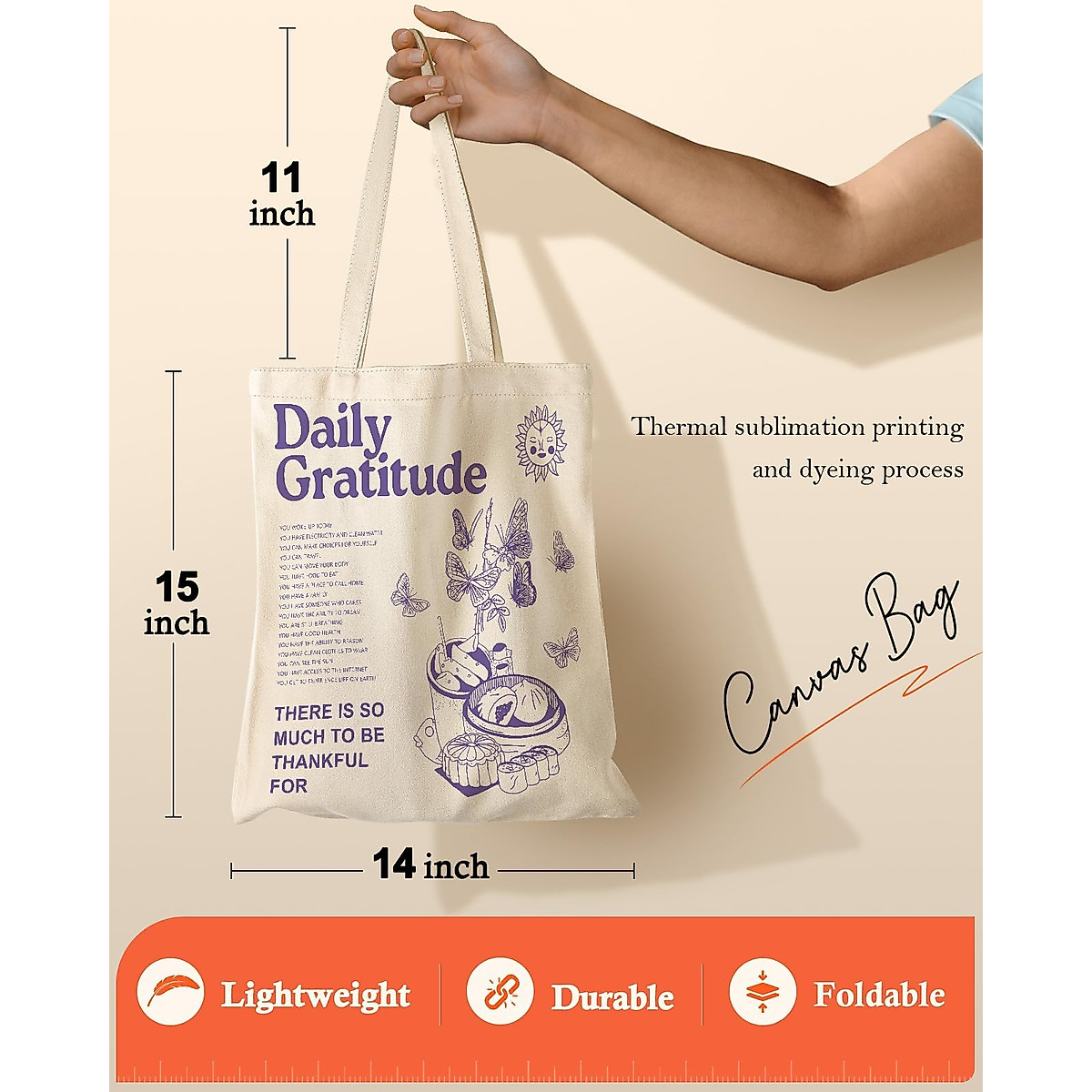 Miss Adola Aesthetic Canvas Tote Bag with Pattern for Women, Butterfly Gratitude Inspirational Quotes Design, Casual Sturdy Cloth Cotton Totes Bag for Vacation, Shopping, Grocery, Gym