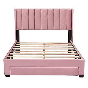 Rockjame Full Size Bed Frame, Velvet Upholstered Platform Bed Frame Full with Headboard and Storage Drawer, No Box Spring Needed (Pink)