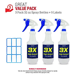 SupplyTuff 3X High Output Heavy Duty Spray Bottles for Cleaning Solutions, 3 Pack, 32 oz Professional Industrial Spray Bottles for Commercial, Household Cleaning and Car Detailing.