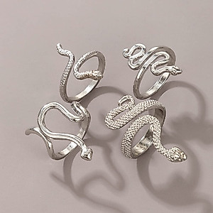 JWICOS 4Pcs Silver Punk Snake Style Stackable Finger Rings for Women Gothic Vintage Open Adjustable Rings Set Gift for Snake Lover Reptile Lover