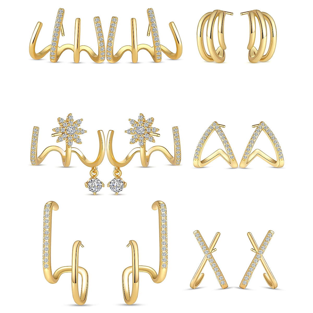 Ofeiyaa 6 Pairs Earrings Stud Claw Ear Cuff X-shaped Heart Snowflake Shiny CZ Trendy Minimalist Dainty Double Wrap Huggie Earrings for Women Gold Tone