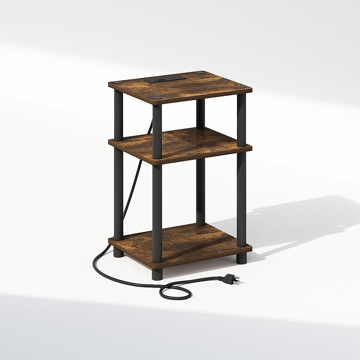 Furinno Just 3-Tier Turn-N-Tube Open Storage Nighstand, Bedside Table with USB and Type-C Charging Station, Amber Pine/Black