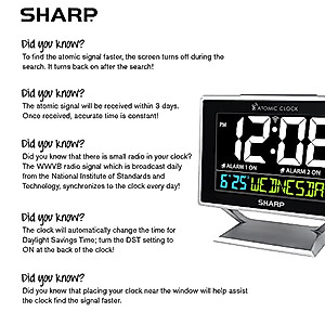 Sharp Desktop Dual Alarm Clock with Color Display - Atomic Accuracy - Calendar & Day of Week Time/Date Display