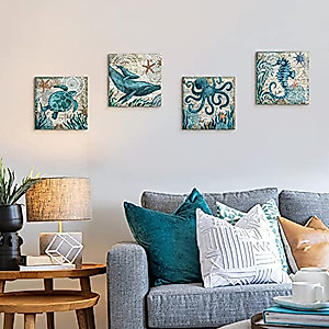Beach Bathroom Decor Wall Art Ocean Decor Nautical Sea Turtle Wall Art Bathroom Pictures Coastal Octopus Canvas Painting Teal Bathroom Accessories Bedroom Kitchen Art Home Decorations 12x12" 4 Pcs/Set