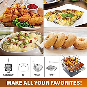 Gotham Steel Nonstick Square Deep Frying Pan, 9.5” Large Frying Pan & Cooking Pan with Ceramic Nonstick Coating, 4 Pc Titanium Ceramic Deep Frying Pan with Lid, Basket & Steamer Tray, Dishwasher Safe