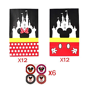 MOAXMOA Party favor Gift Bags Candy Treat Bags Birthday Baby Shower Wedding Mickey Minnie Theme Decorations Supplies with Stickers Set of 24
