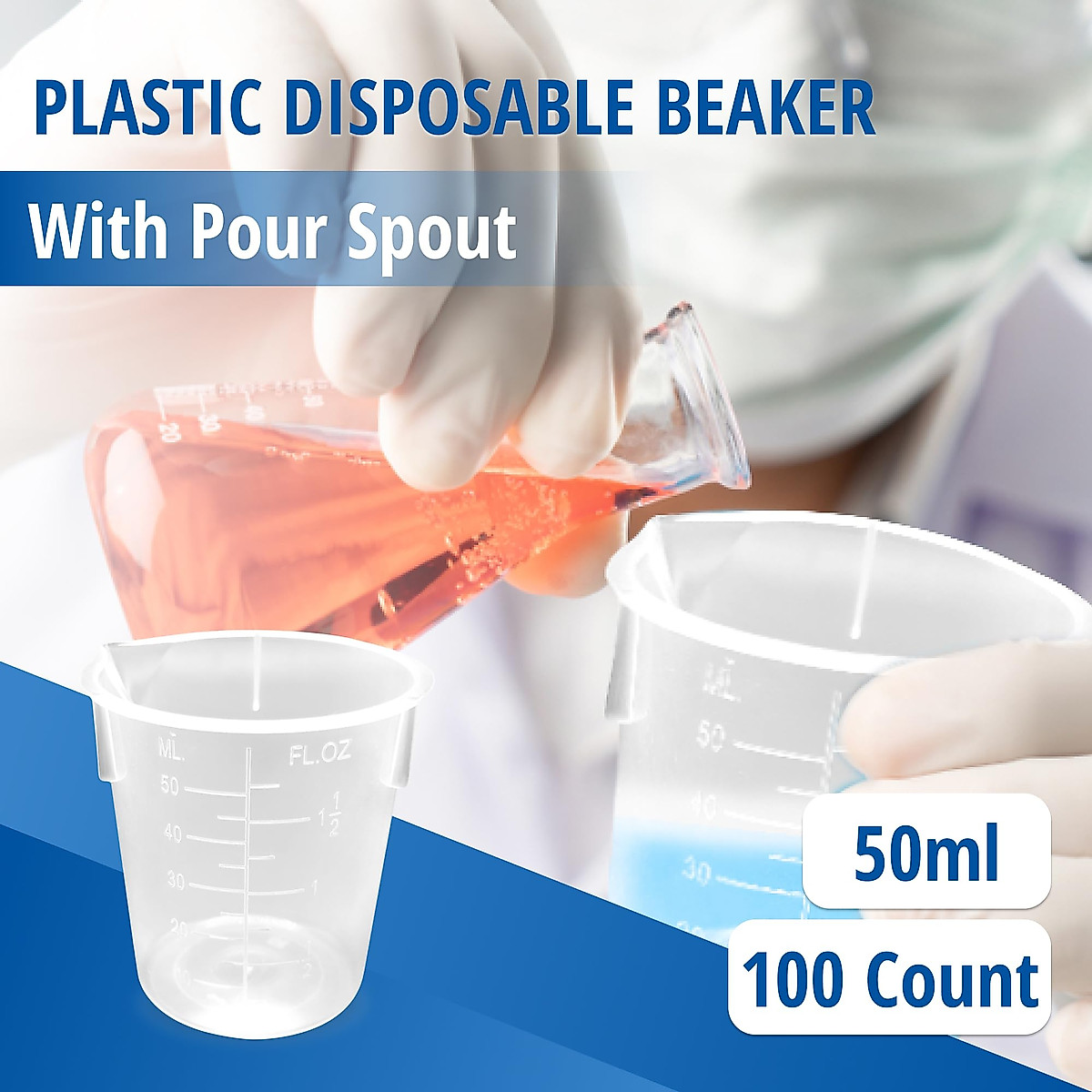 Plastic Beaker 50ml / 1.69 oz Set of 100 by Maryland Plastics – Clear Graduated Disposable Beakers with Easy-Pour Spout – Perfect for Resin Mixing, School Science Experiments, or Home Kitchen Use