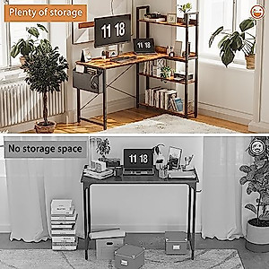 SiliBamb 47 Inch Computer Desk for Home Office, Small L Shaped Desk with Shelves, Corner Desk with Storage, Home Office Desks, Writing Study Desk, Brown