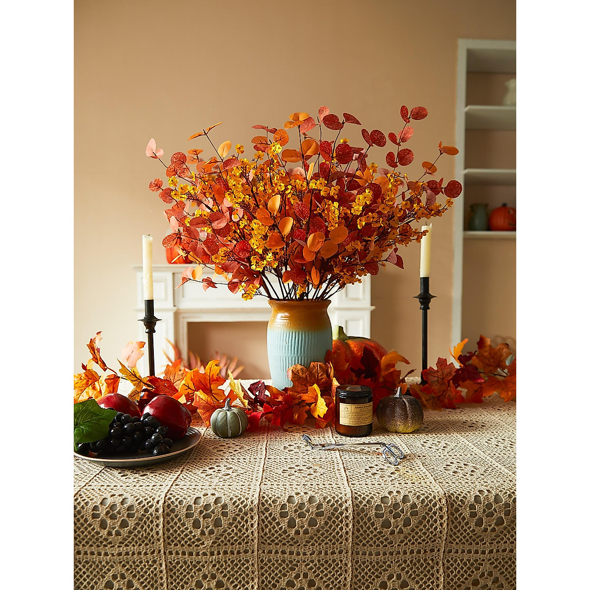 Anna's Whimsy 8 Pcs Artificial Eucalyptus Stems and Fake Babys Breath Flower Fall Decorations Fall Leaves for Fall Home Decor