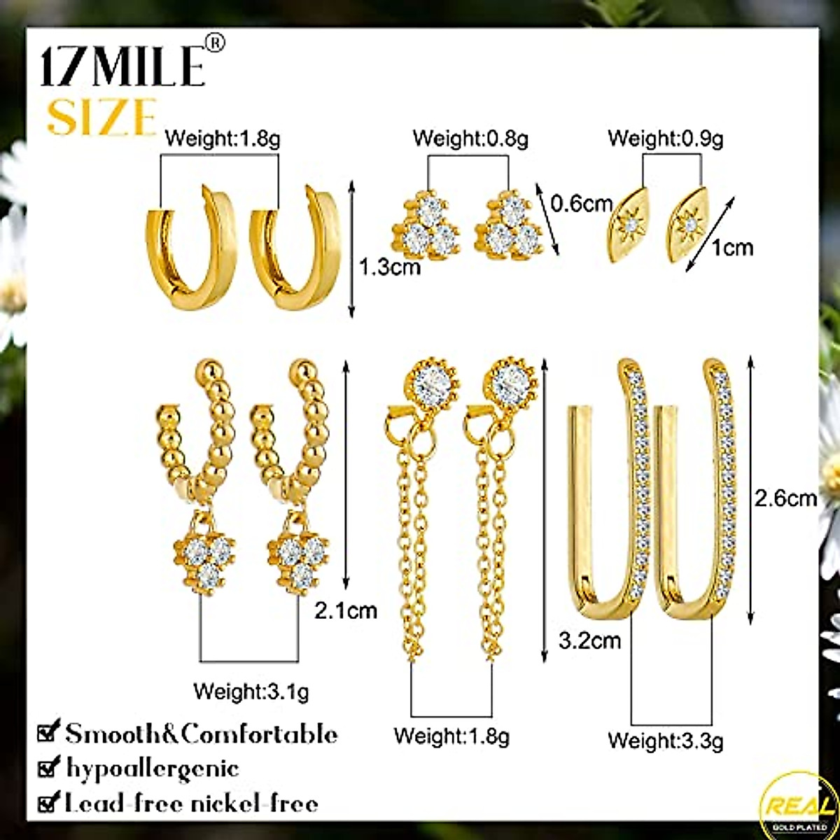 6Pair Small Gold Huggie Hoop Earrings for Women,14K Gold Plated Earring Set, Huggies Earrings, Cartilage Hoop Earring, Trendy Dainty Tiny Cubic Zirconia Beaded Chain Twisted Earrings Packs (Gold Color-A)
