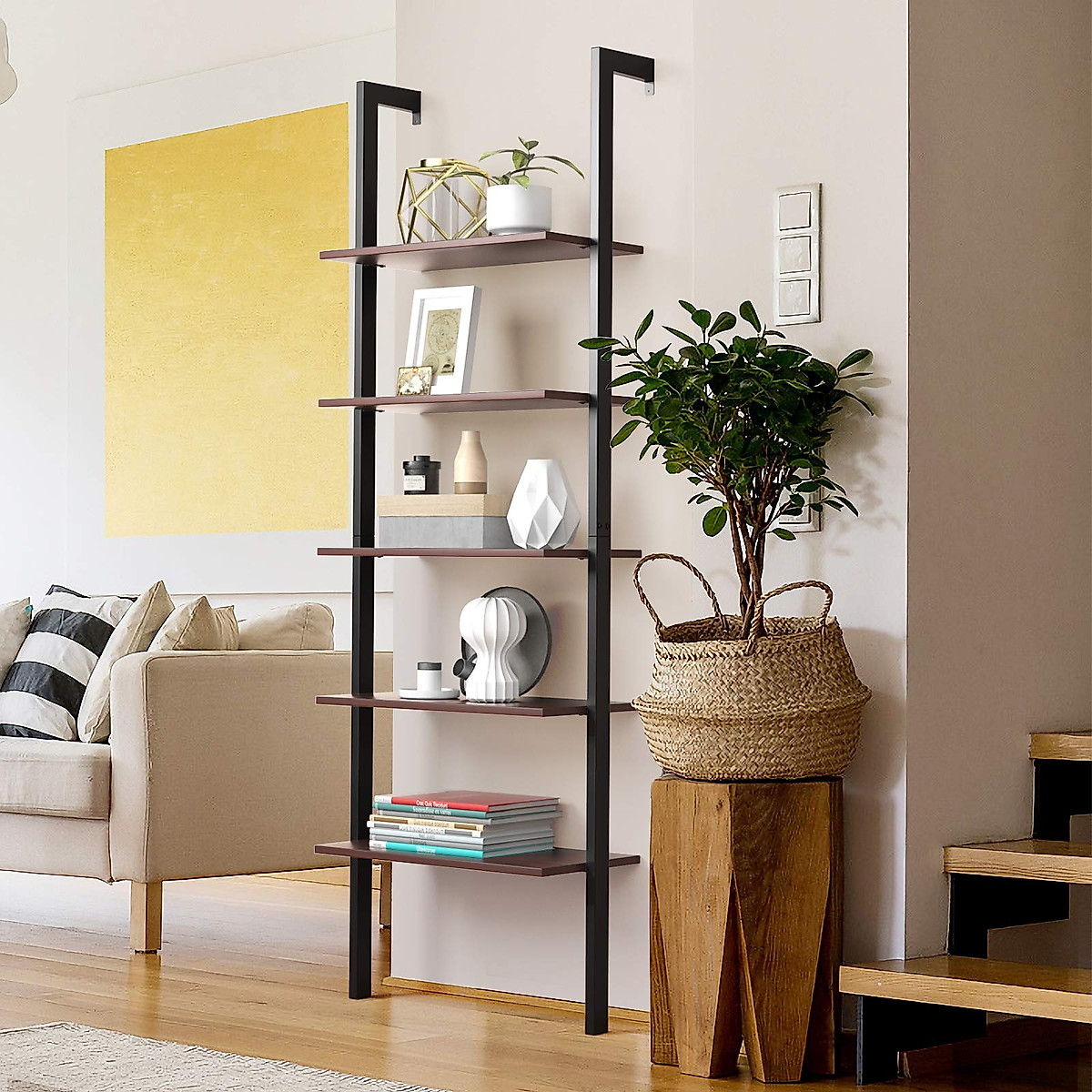 Tangkula Industrial Ladder Shelf Against The Wall, 5-Tier Ladder Bookshelf w/Metal Frame, 72 Inches Open Bookcase Plant Flower Stand Display Storage Rack for Home Office