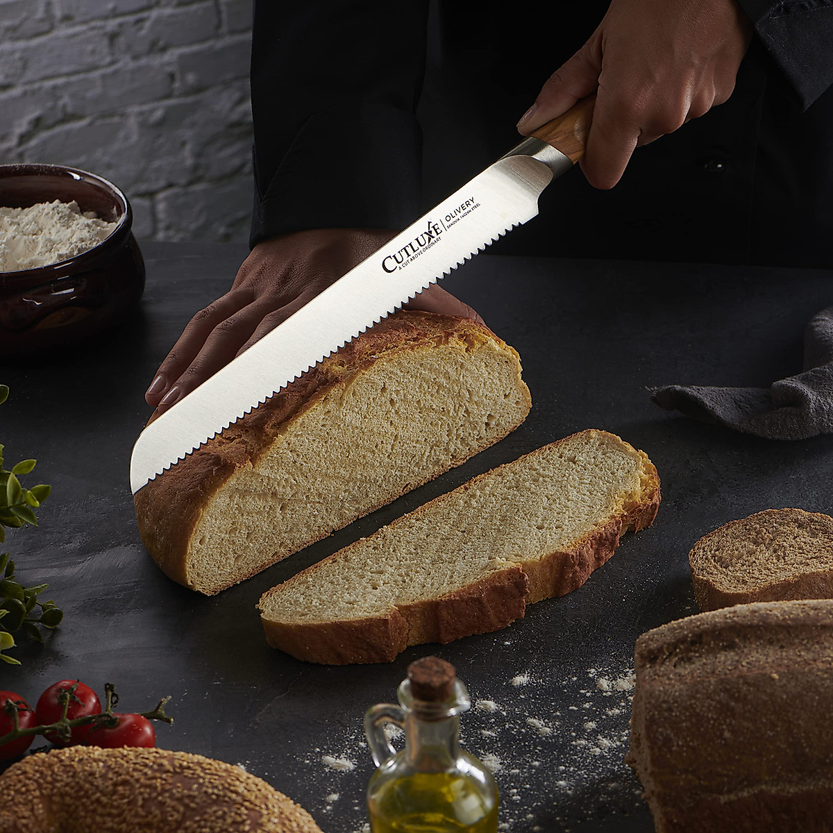 CUTLUXE Bread Knife – 10" Serrated Kitchen Knife – Olive Wood Handle – Full Tang – Olivery Series