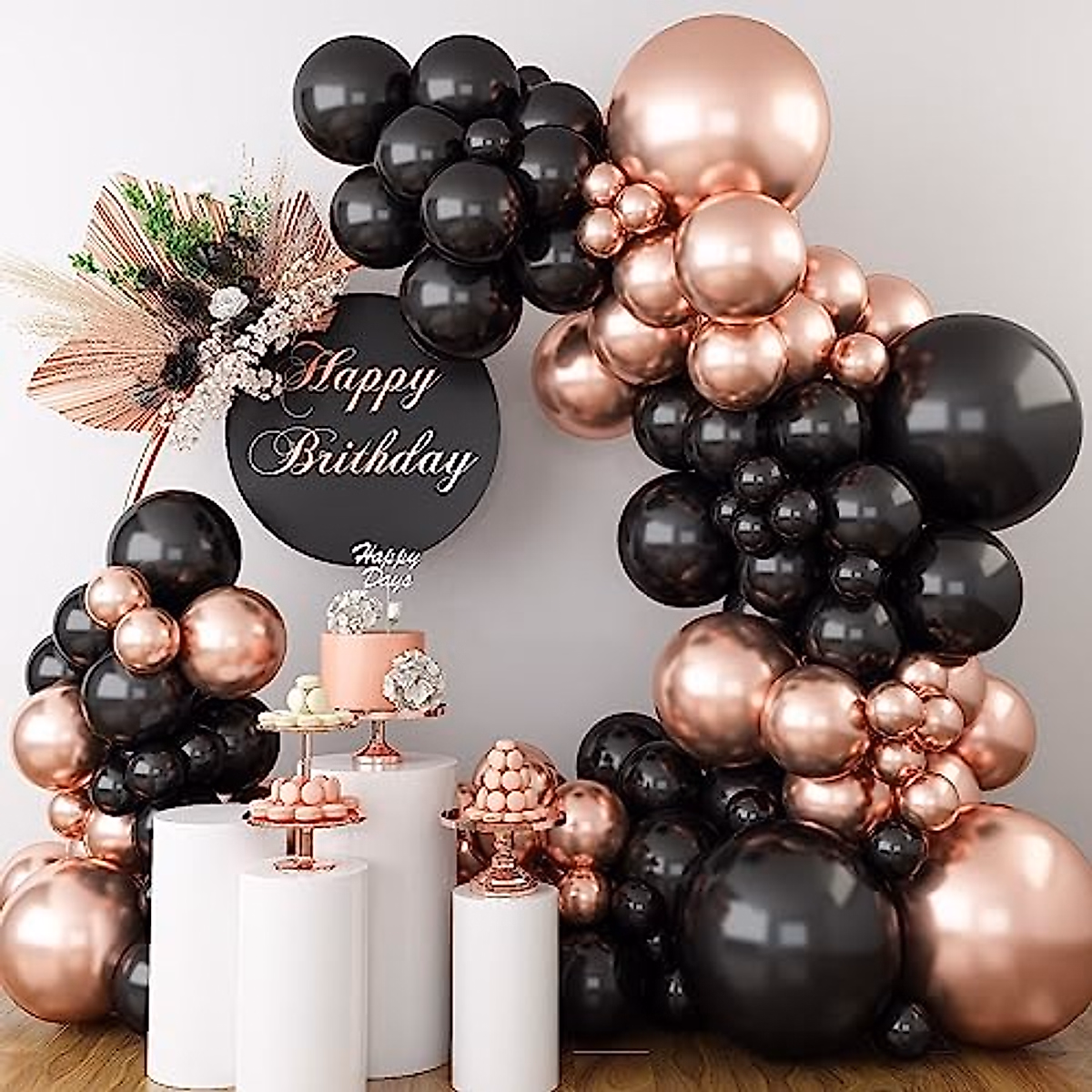 Rose Gold and Black Balloon Arch Kit, Metallic Rose Gold and Black Balloon Garland Kit with Different Sizes 18/12/10/5 inch Balloons for Graduation Birthday Wedding Anniversary Party Decorations
