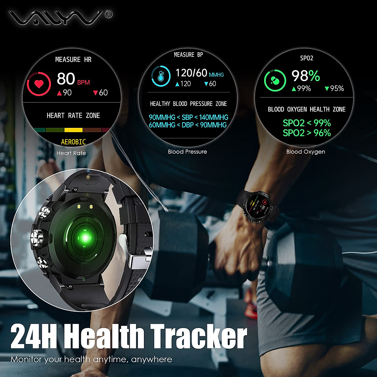 VALYV Fashionable Smart Watch for Men, Fitness Tracker Watch with Bluetooth Calling Heart Rate Monitor Military Tactical Sports Watch Activity Trackers for Huawei Samsung Android iOS Phone (Black)