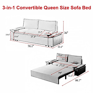 HomSof 70.1" Queen Pull Out Sofa Bed, 3-in-1 Convertible Sleeper Sofa with 2 Soft Pillows,Multi-Functional Velvet Loveseat Bed,Beige