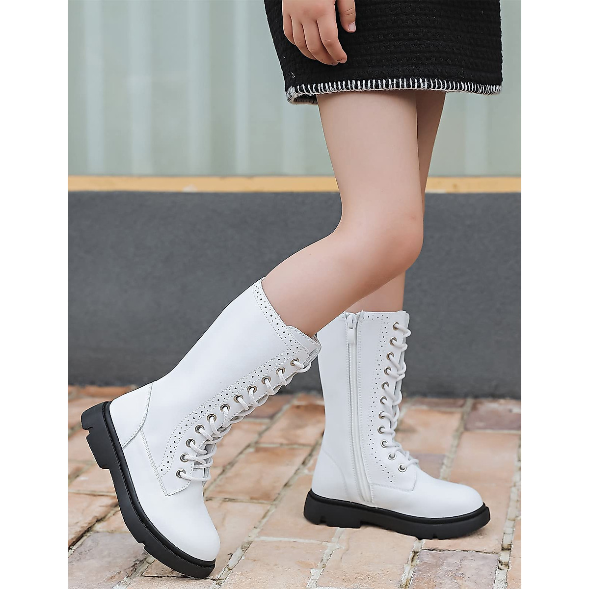 DADAWEN Boys Girls Leather Lace-Up Waterproof Side Zipper Mid Calf Combat Riding Winter Boots (Toddler/Little Kid/Big Kid) White US Size 2 M Little Kid