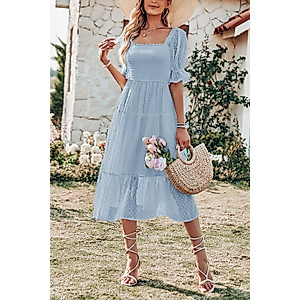 MEROKEETY Women's 2023 Summer Casual Bubble Sleeve Smocked Boho A-Line Pleated Chiffon Dresses, Blue, L