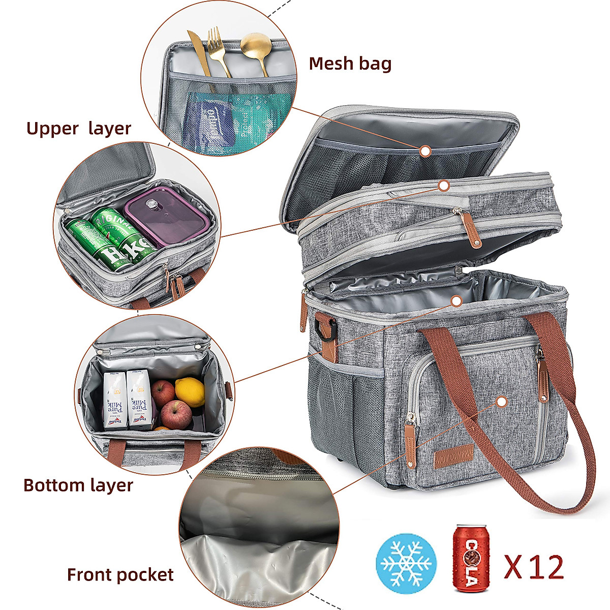 MOV COMPRA Adult Lunch Box for Work, Expandable Large Lunch Bags for Women Men, Leakproof Double Deck Lunch Box Cooler Tote Bag with Removable Shoulder Strap (Grey)