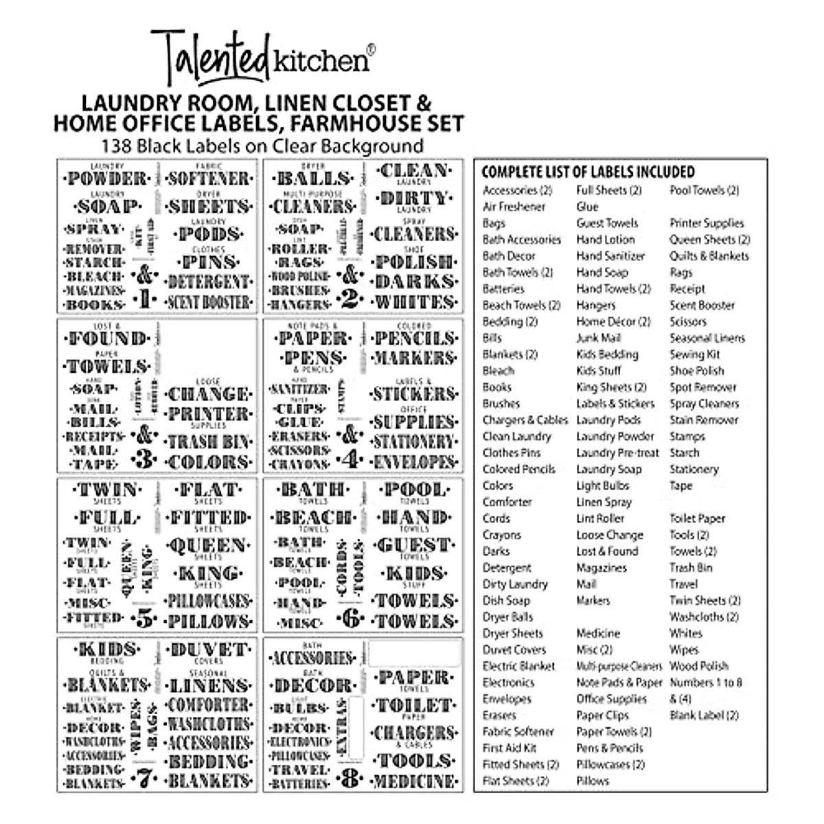 Talented Kitchen 138 Laundry Room Labels for Glass Jars and Containers, Preprinted Bold Farmhouse Stickers for Linen Closet, Bathroom and Home Office Organization, 4 Sizes