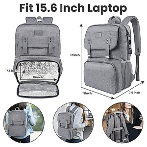 MATEIN Lunch Bags for Women, Cooler Lunchbox Insulated Work Backpack with USB Charging Port, Water Resistant Travel Computer Bag College Daypack Fits 15.6 Inch Laptop Friendship Gifts for Women, Grey